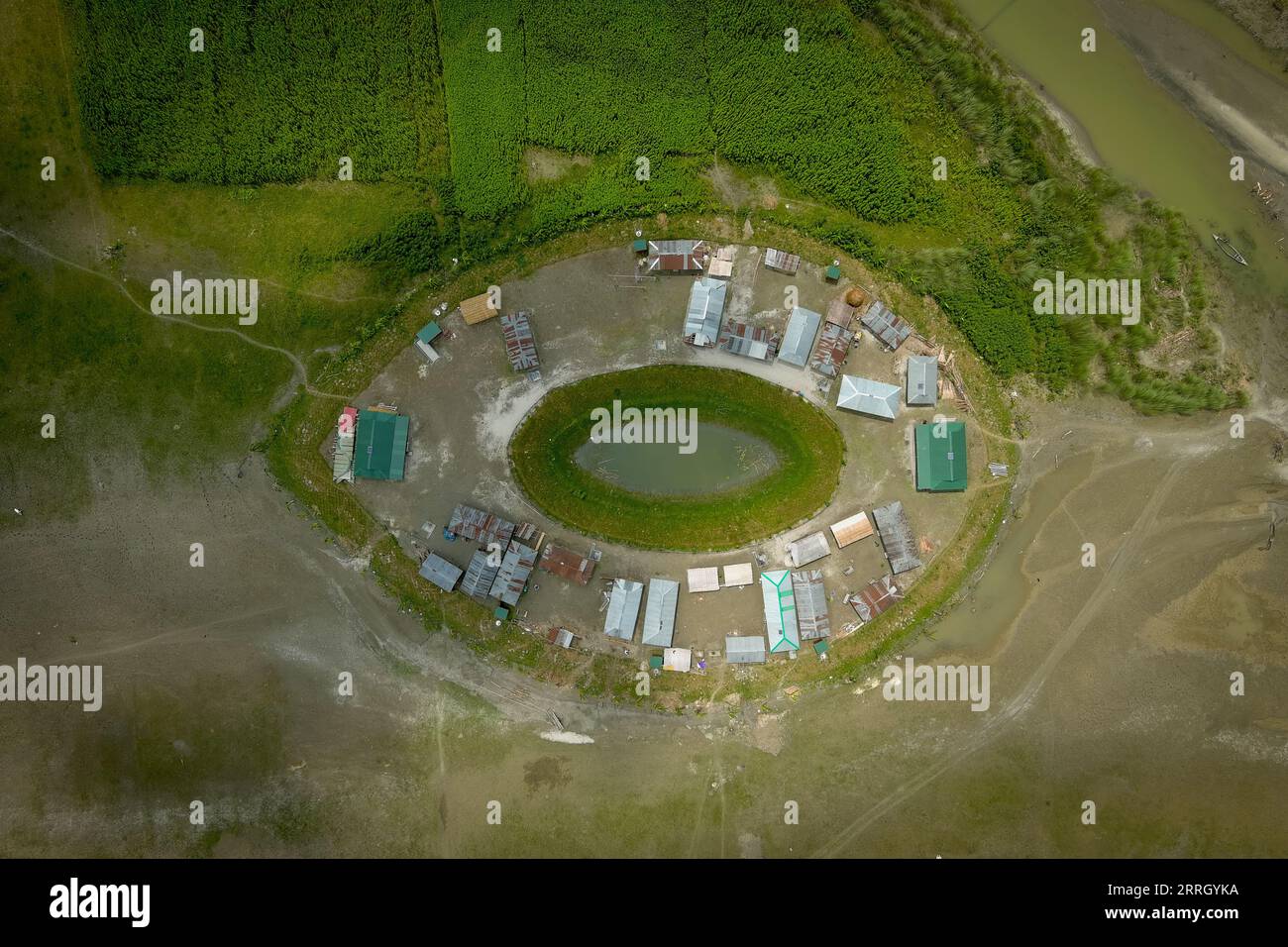 An aerial view of the plinth in the Nayer char. The plinth is an ...