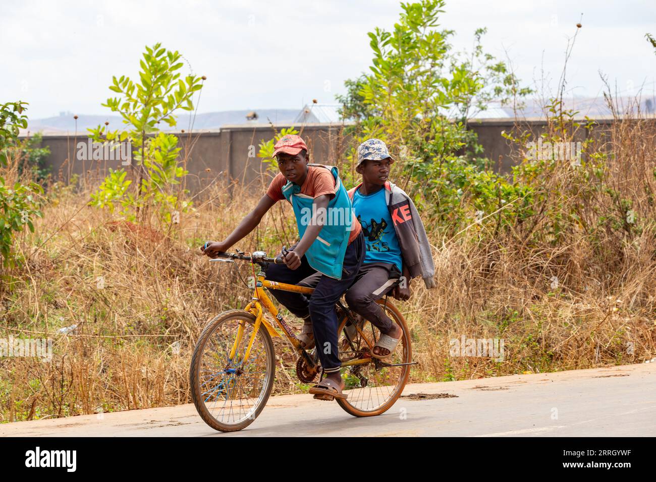 Mandoto, Madagascar - November 1st, 2022: Two Malagasy men riding a ...