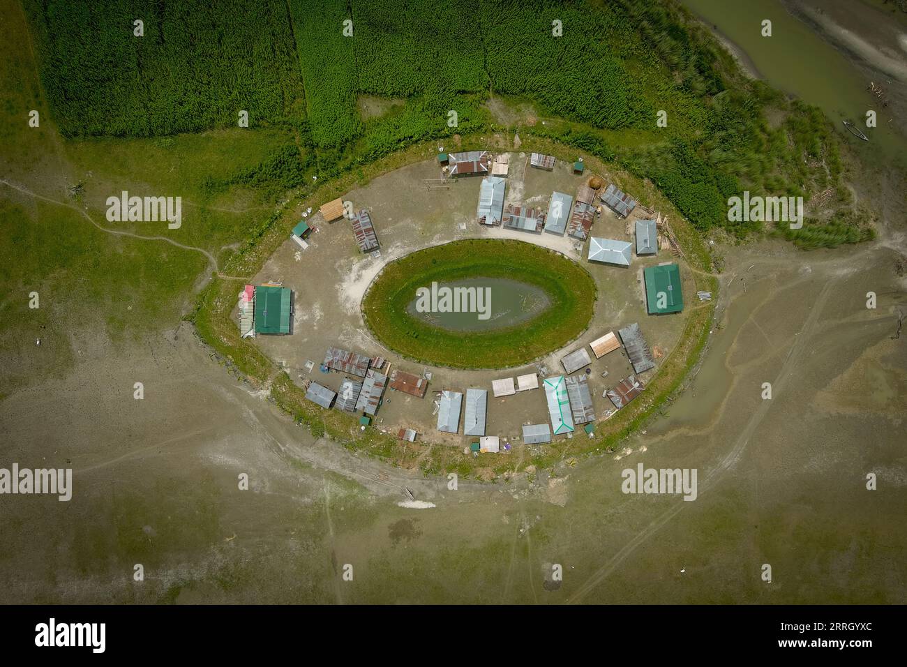An aerial view of the plinth in the Nayer char. The plinth is an ...