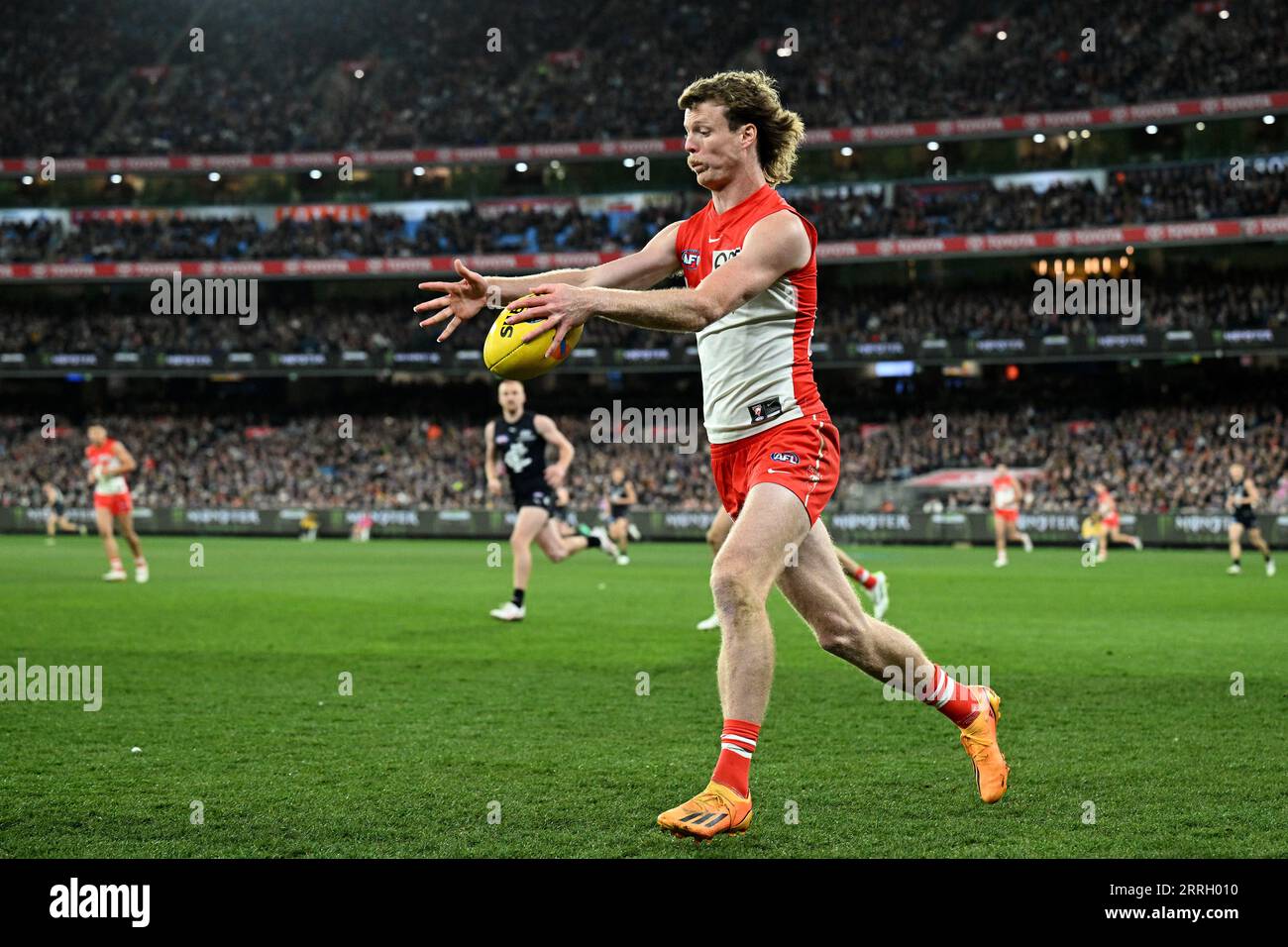 Melbourne, Australia. 08th Sep, 2023. Nick Blakey of the Swans kicks ...