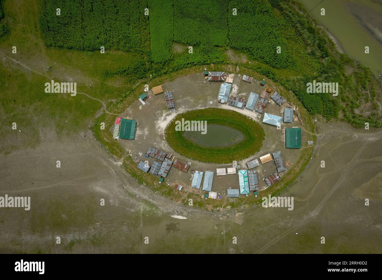 An aerial view of the plinth in the Nayer char. The plinth is an ...