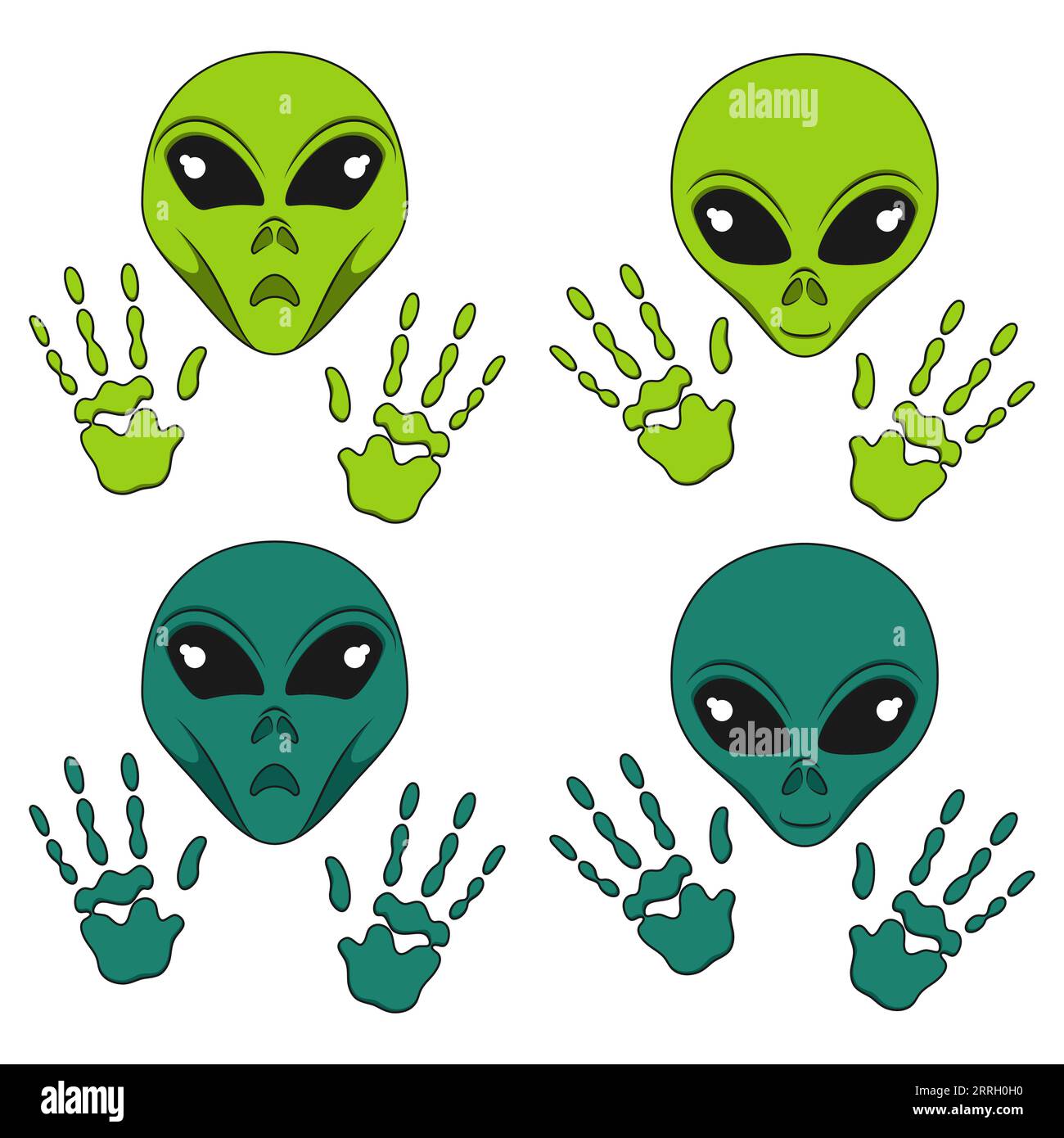 Set of color illustration with alien face and hands. Isolated vector ...
