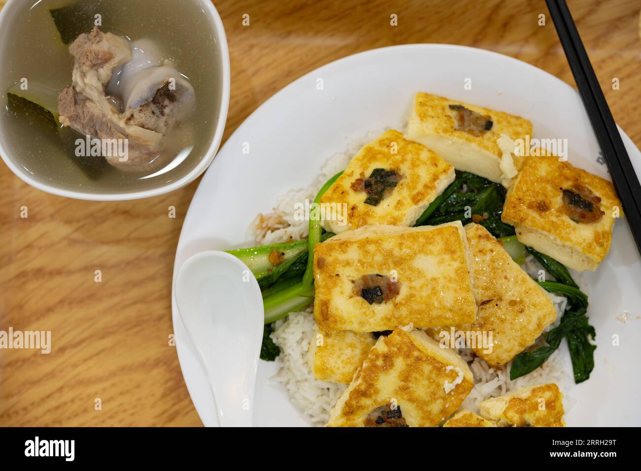 top view Chinese fast food of mapo tofu with vegetable and winter melon ...