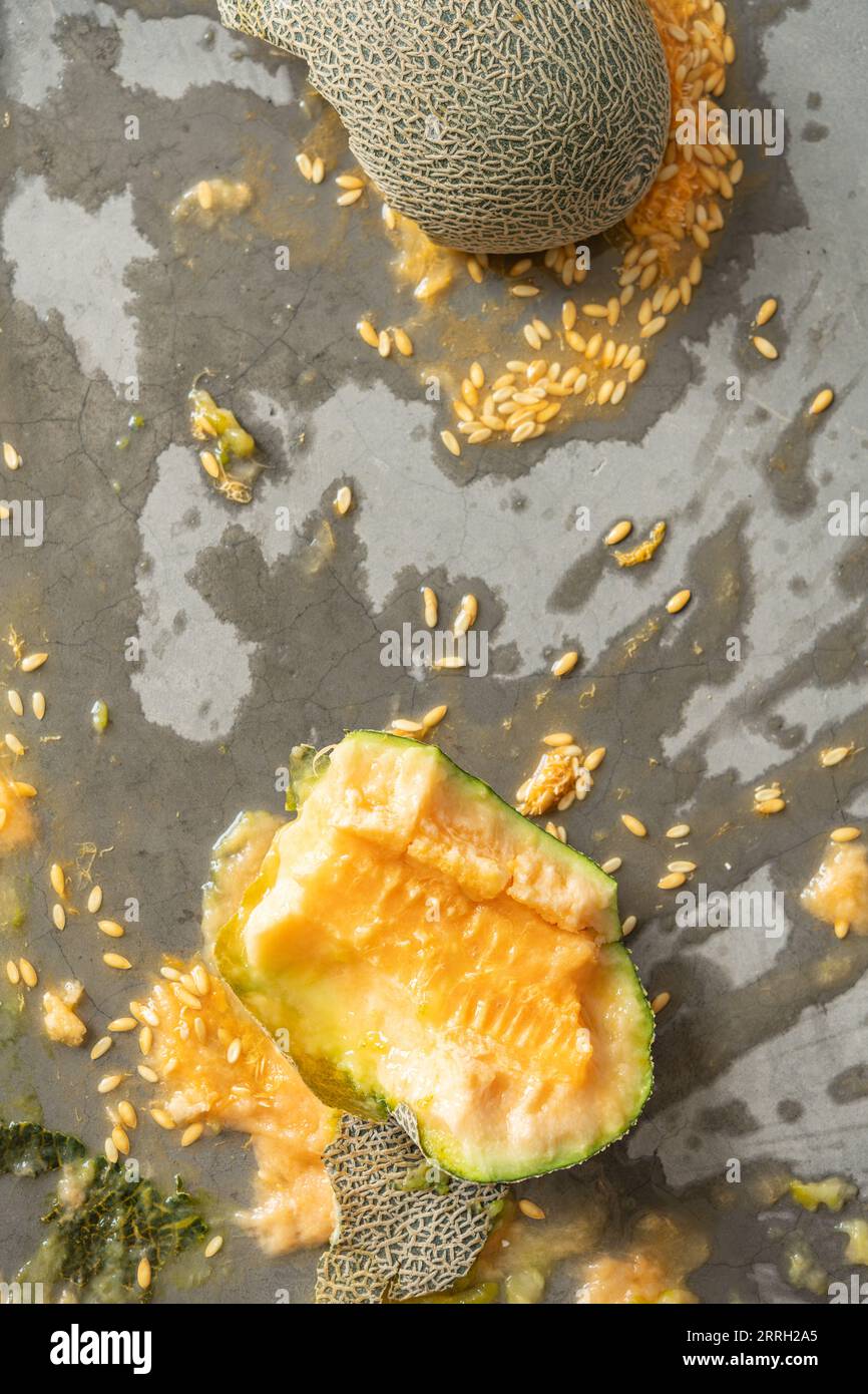 top view broken hami melon on the ground vertical composition Stock ...