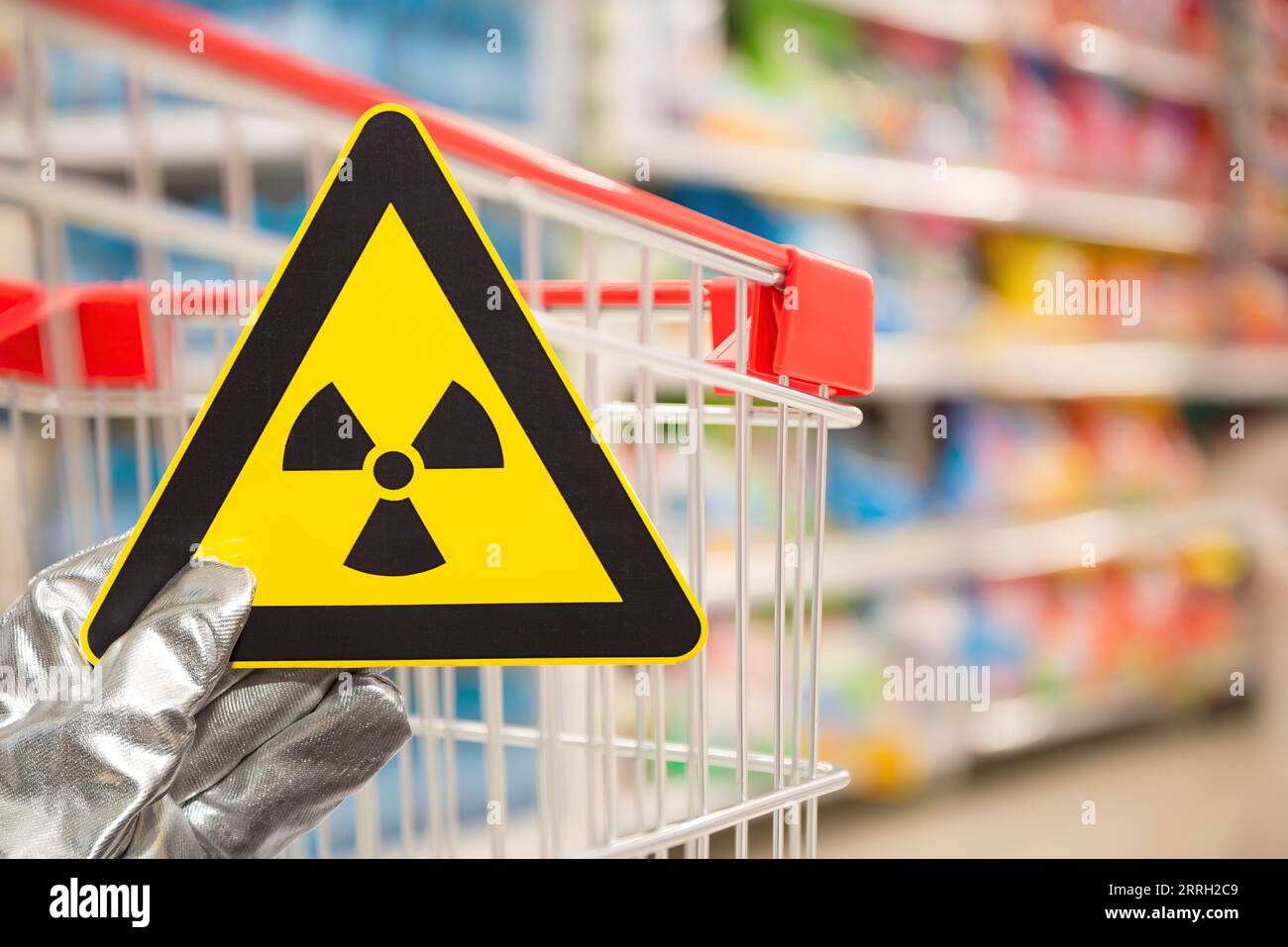 nuclear radiation warning sign in front of a supermarket with an empty ...