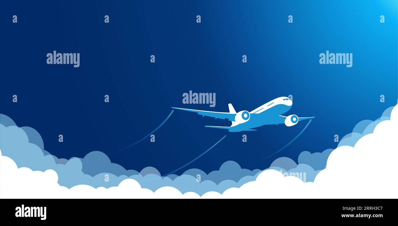 White plane in the blue sky flying above the clouds. Vector background ...