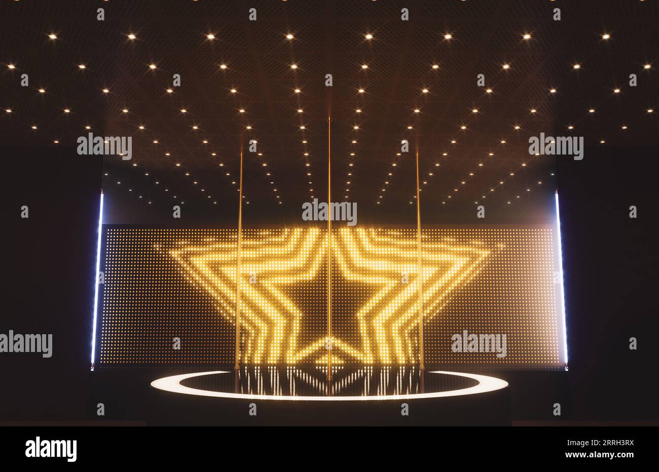 An empty strip club dancing stage with three poles and an illuminated ...