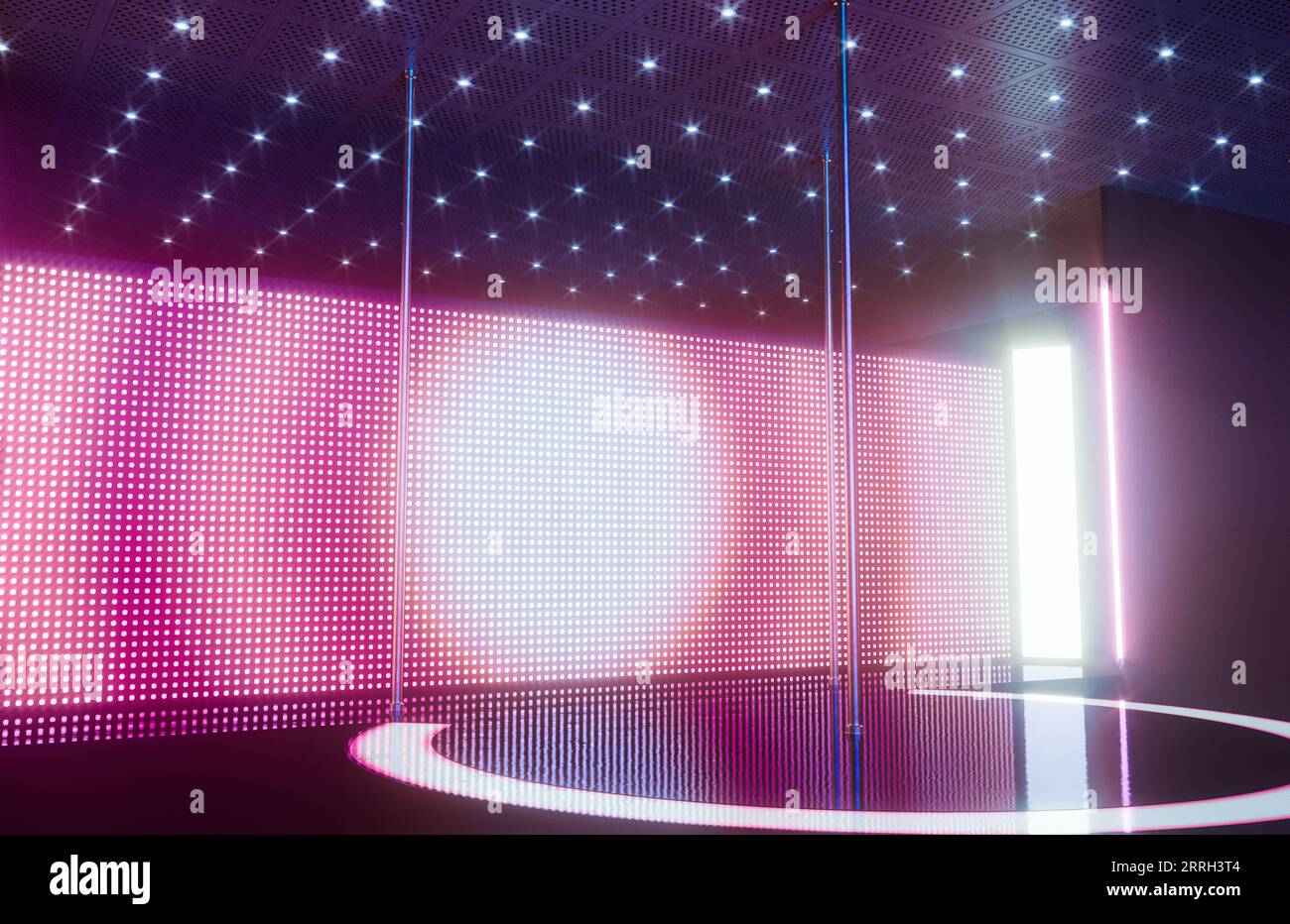 An empty strip club dancing stage with three poles and an illuminated ...
