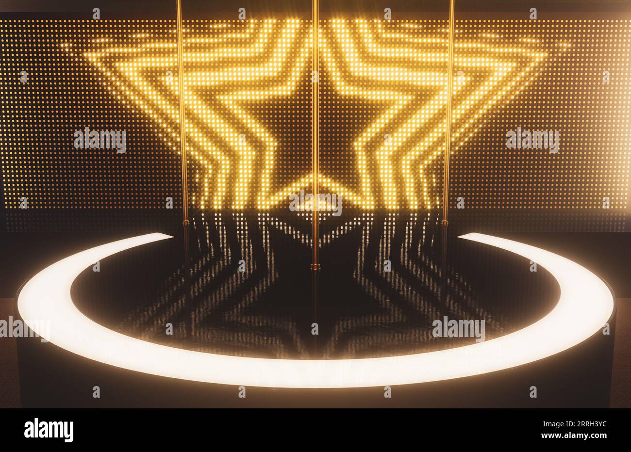 An empty strip club dancing stage with three poles and an illuminated ...