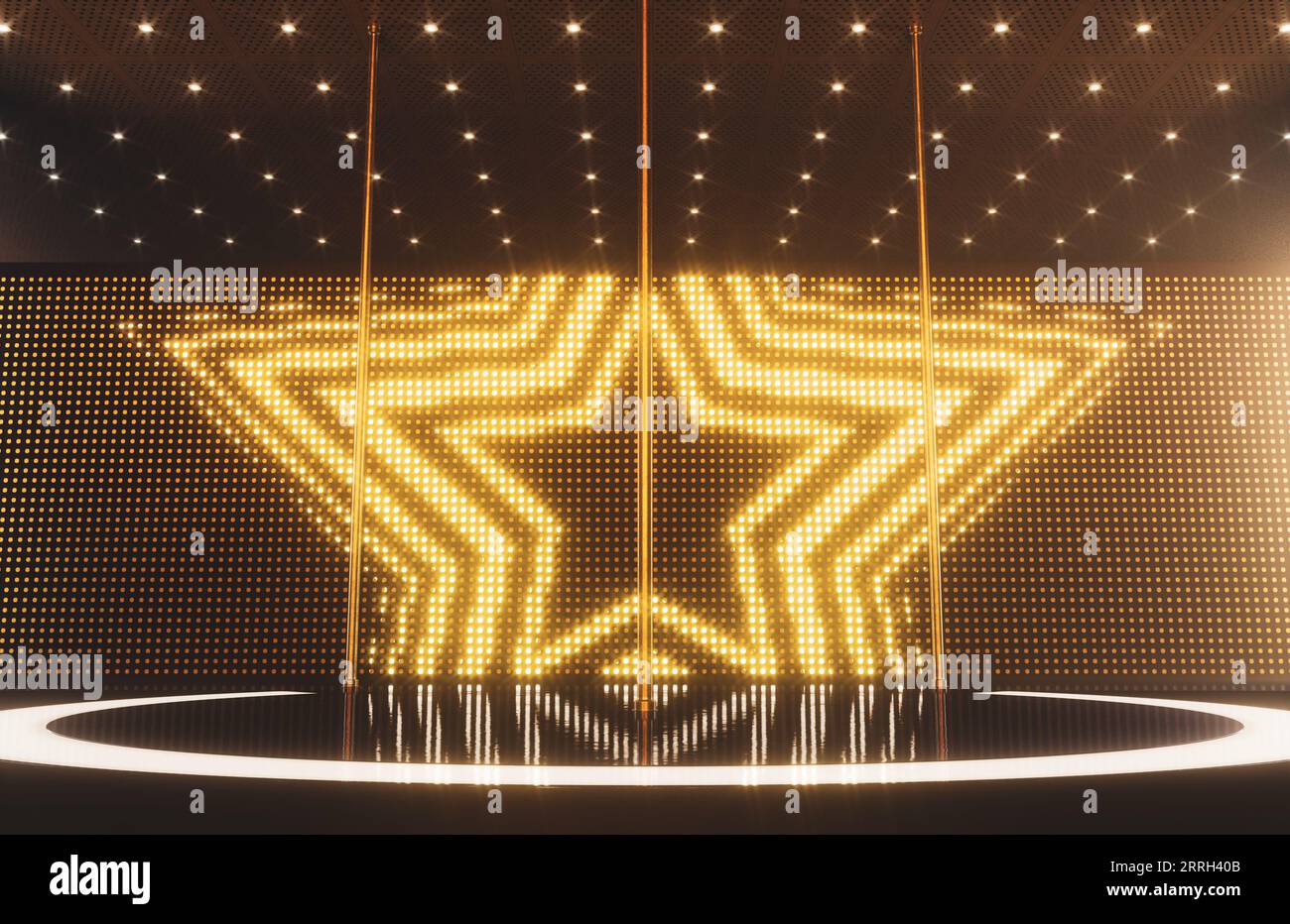 An empty strip club dancing stage with three poles and an illuminated ...