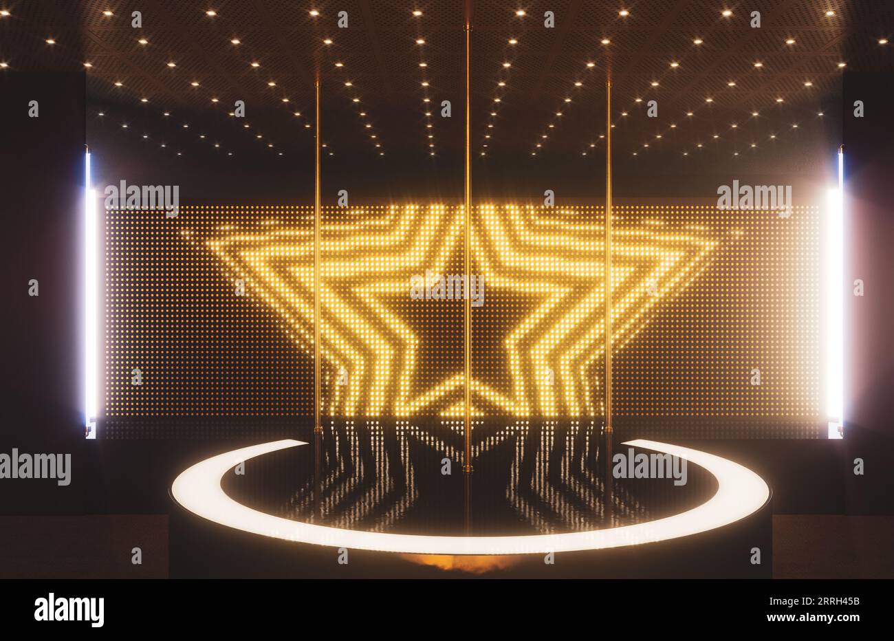 An empty strip club dancing stage with three poles and an illuminated ...