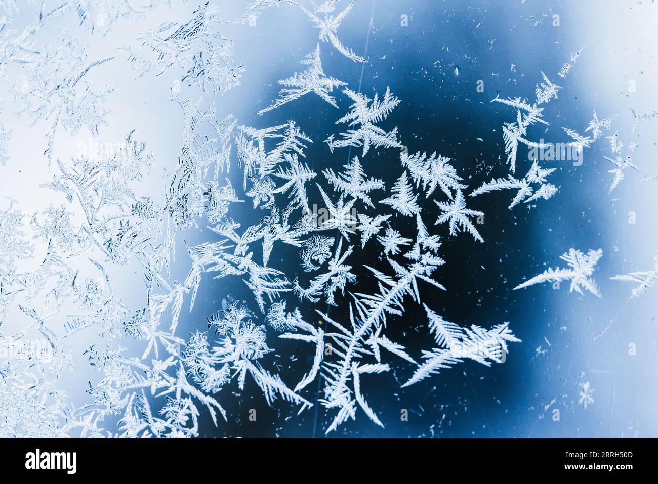 Beautiful blue white frost pattern on a window glass, macro photo ...