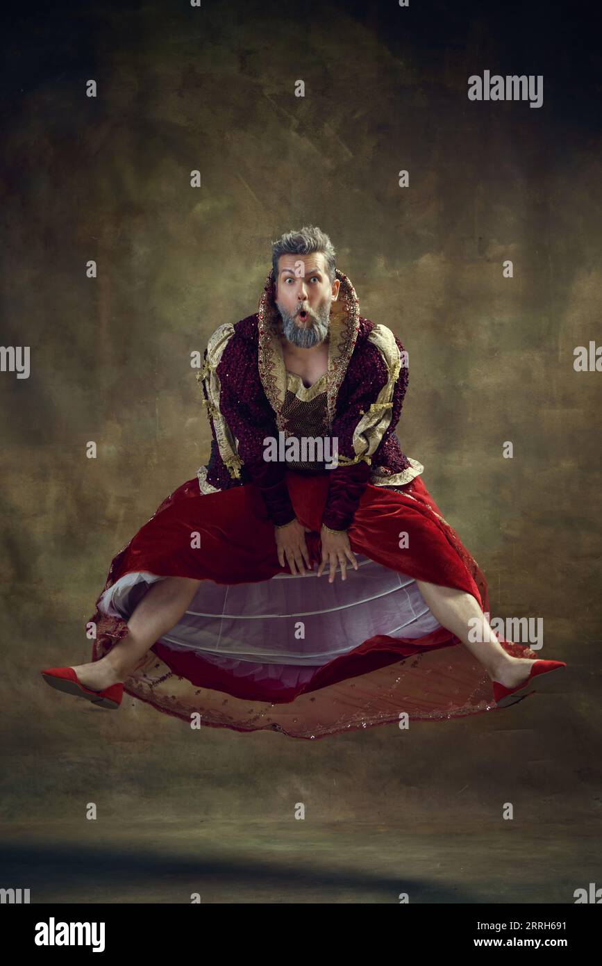 Impression. Gray-haired royal person, monarch in female attire, dress ...