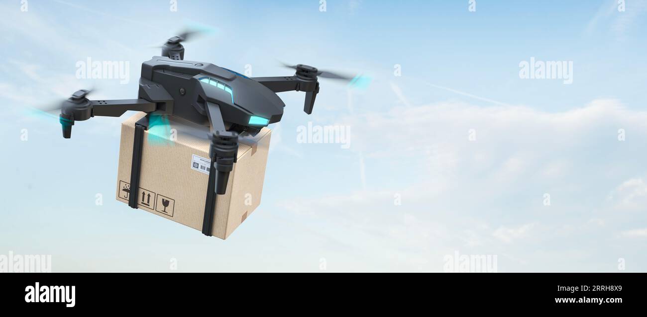 Flying delivery drone with cardboard box. Express delivery concept. 3d ...