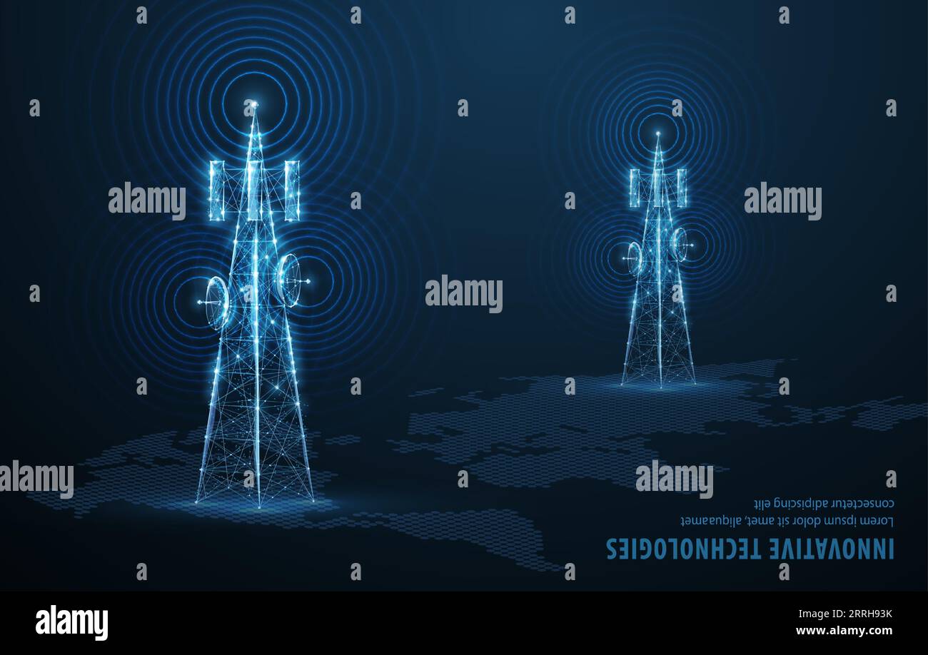 Abstract antenna mast with world map. 5G technology, telecommunication ...