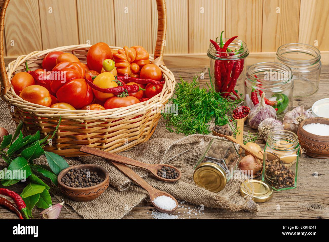 Preserved season vegetable concept. Harvest of tomato, chili, greens ...