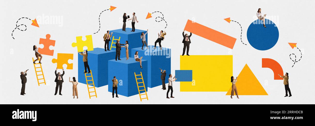 Contemporary art collage. Group of business people building new project ...
