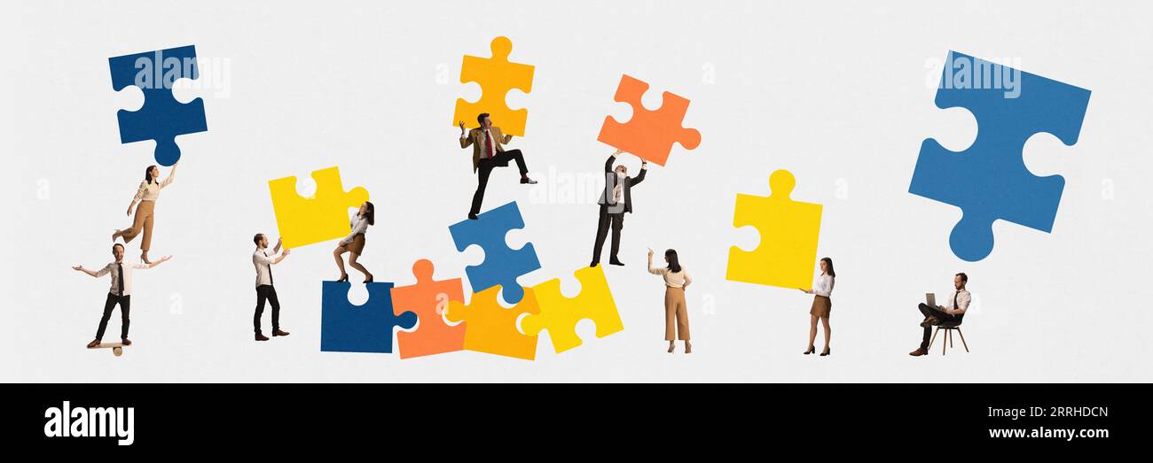 Contemporary art collage. Team of business people, office workers ...