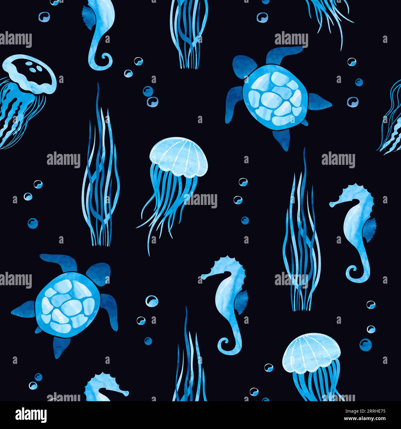 Seamless vector sea pattern with watercolor animals. Underwater life ...