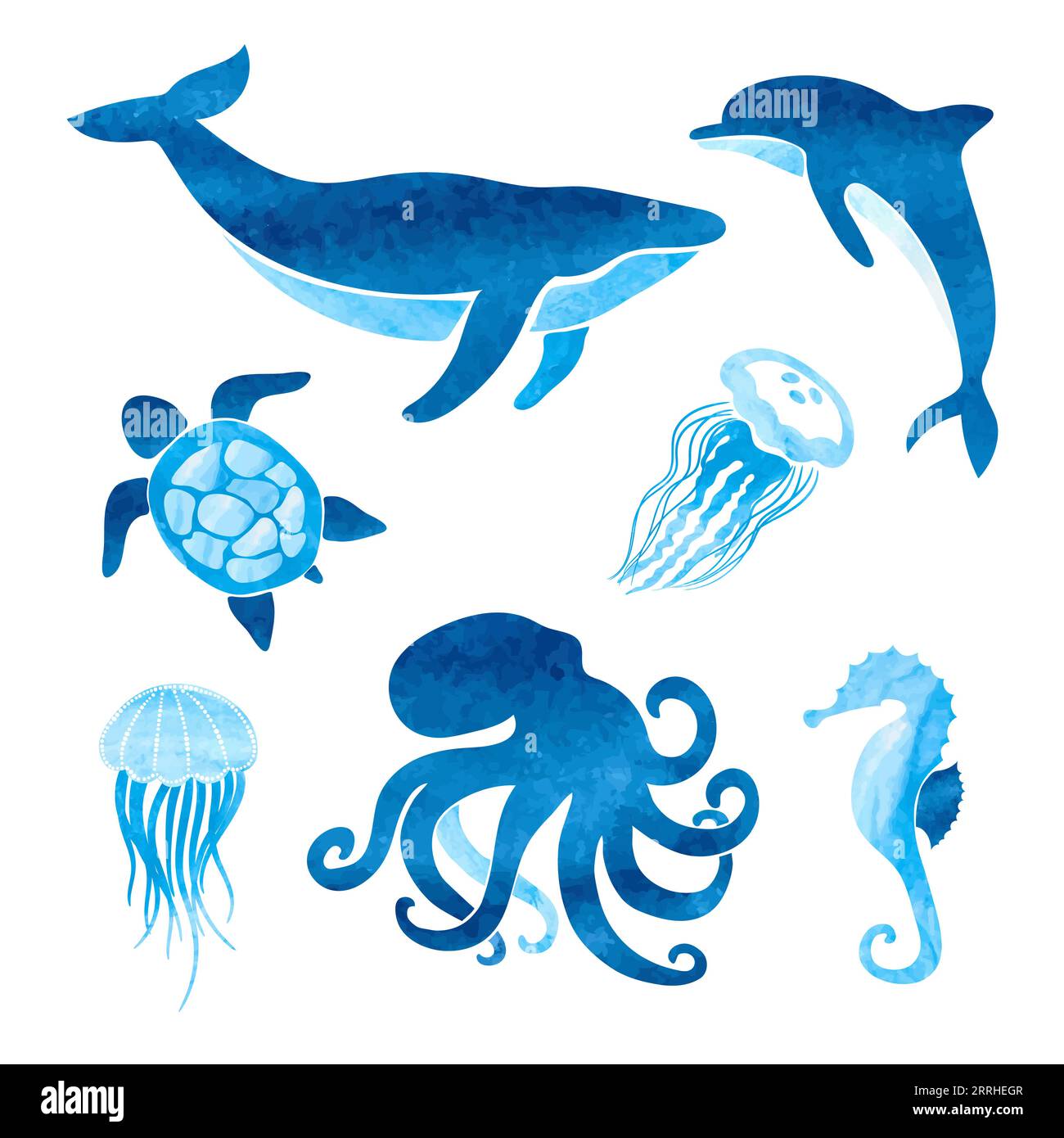 Watercolor sea animals set. Vector marine illustration of whale ...