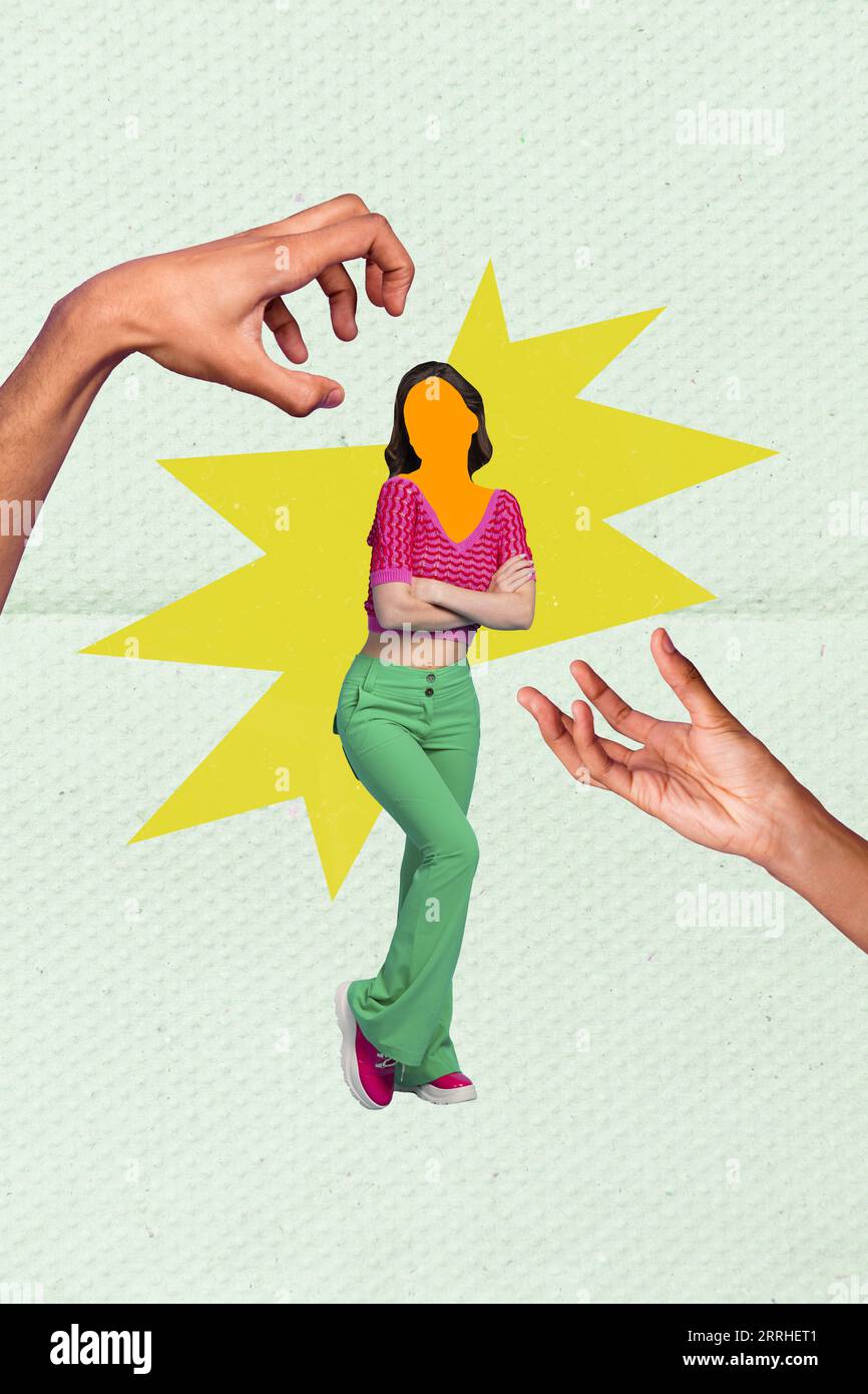 Abstract creative template collage of arms catching faceless lady ...