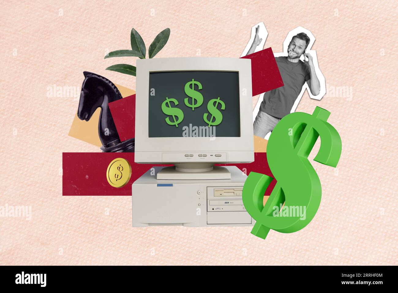 Creative collage of mini black white effect guy speak telephone huge ...