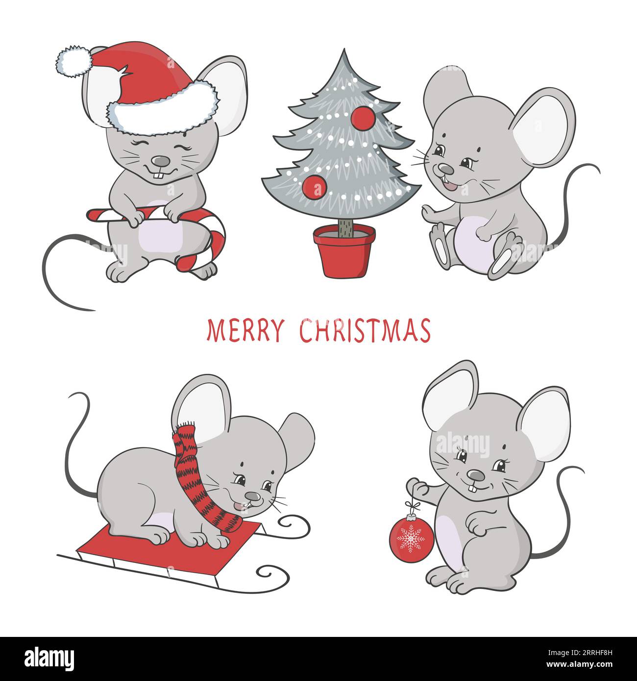 Christmas set of cute cartoon mouse. Vector winter illustration Stock ...