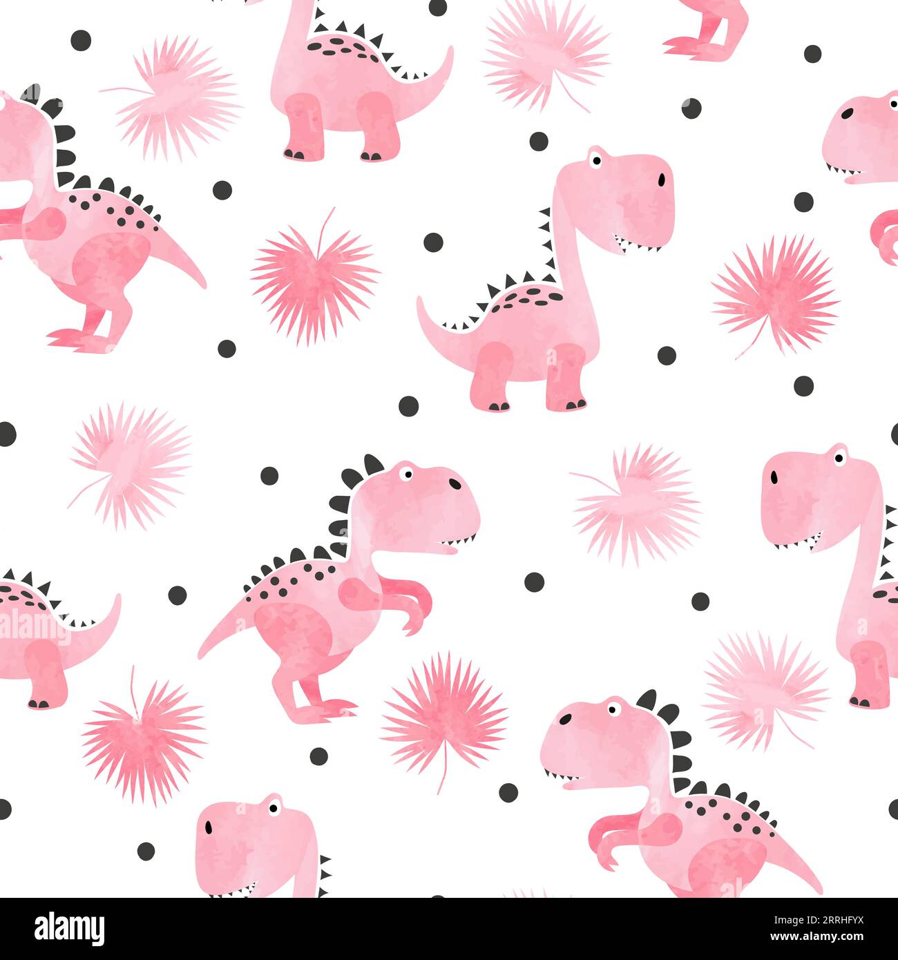 Seamless cute cartoon dinosaurs pattern. Vector watercolor dino ...