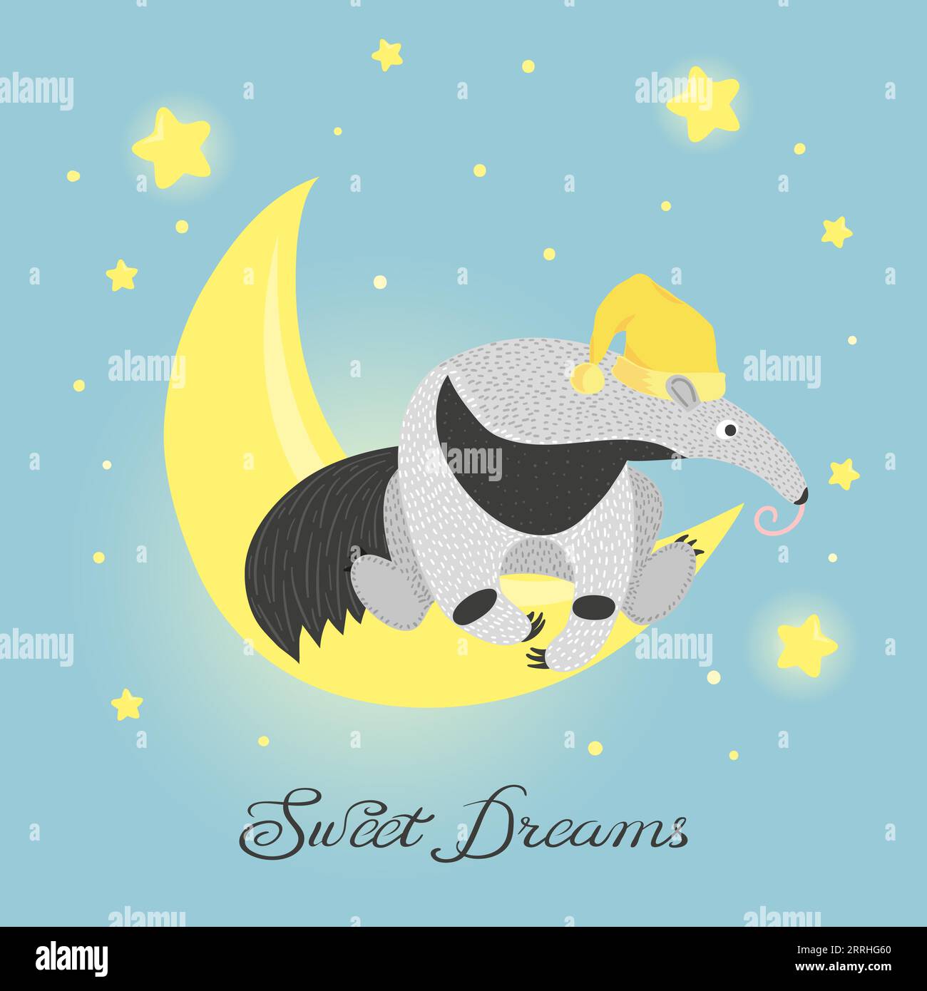 Cute ant-eater on the moon. Sweet dreams vector illustration for kids ...