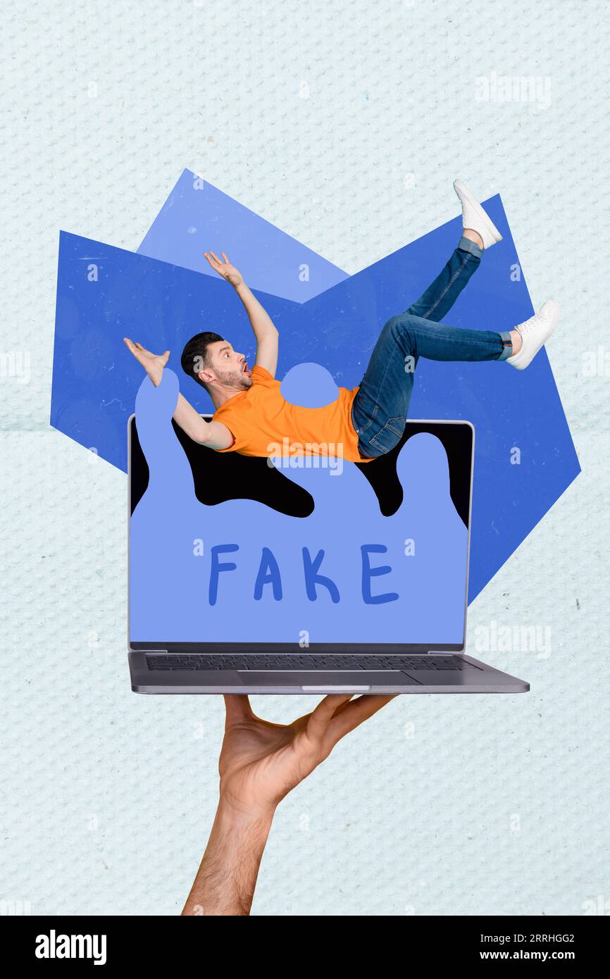 Collage artwork graphics picture of scared guy suck in fake news modern ...