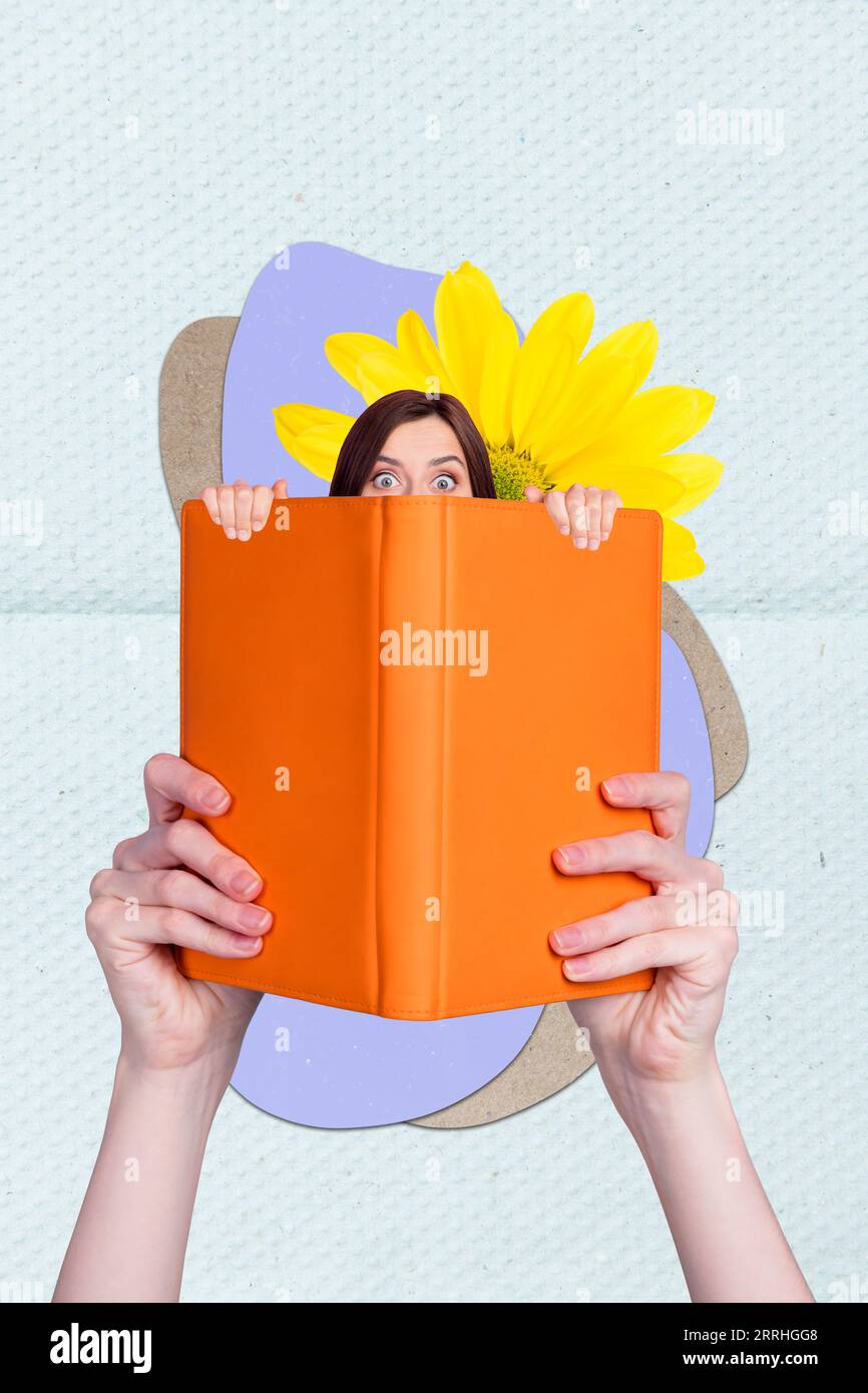 Collage retro sketch image of funky scared lady hiding big open book ...