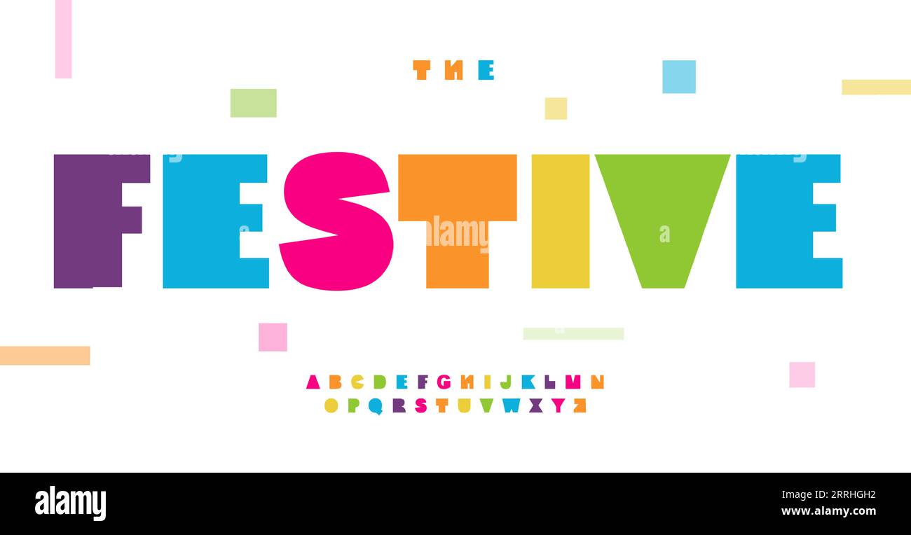 Festive font, bright squared letters with heavy primitive shapes ...