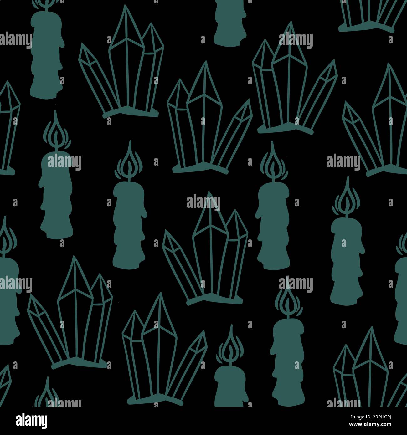 Hand drawn seamless pattern with green candles crystals on dark black ...
