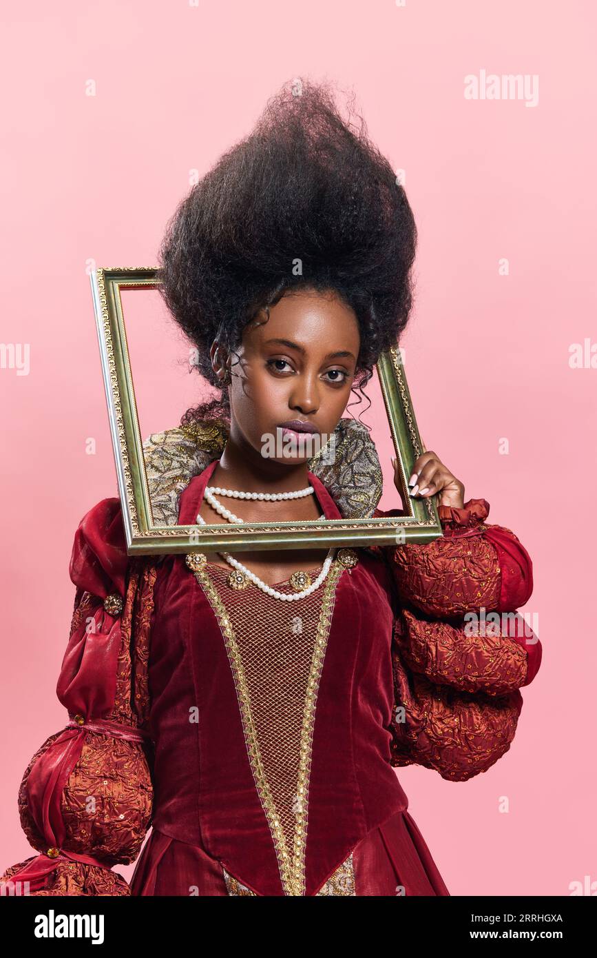 Portrait Of Beautiful Young African Woman Medieval Princess In Vintage Dress With Picture Frame