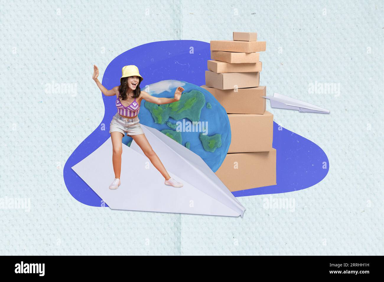 Creative composite photo collage of happy positive girl flying on paper ...