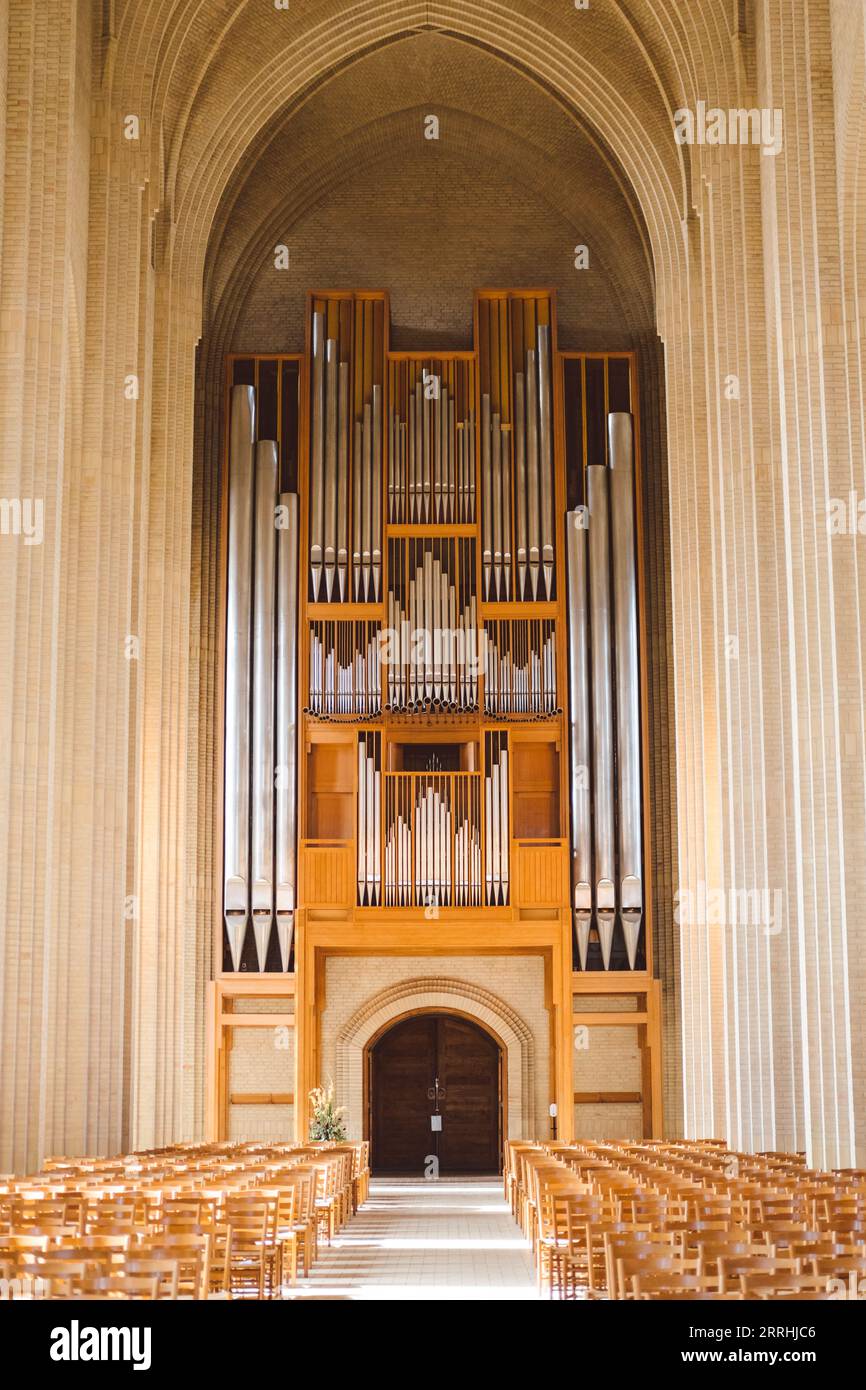 A view of the entrance to Grundtvig’s Church from the inside, with the ...