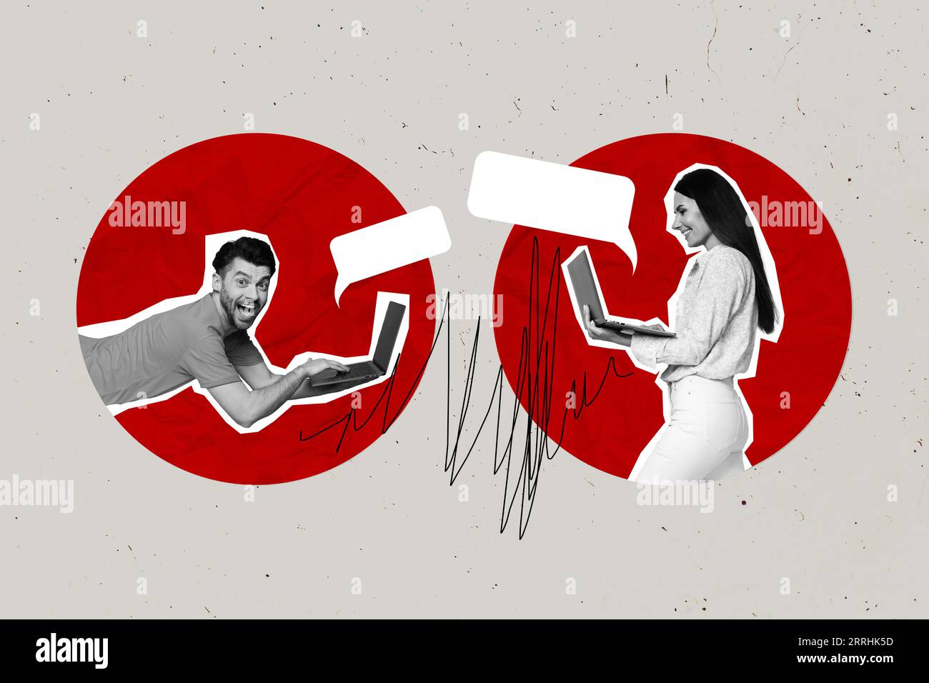 Creative collage picture of two black white colors people use netbook ...