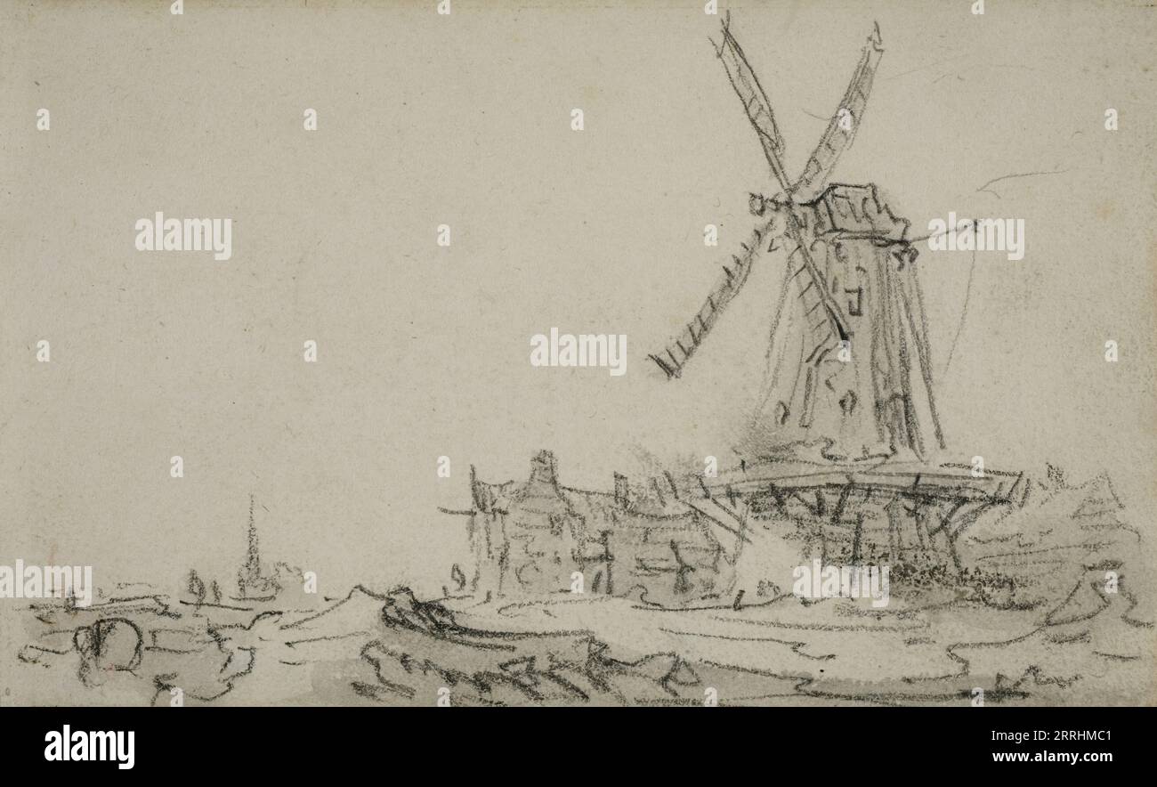 Landscape with a large windmill by a farm, in the distance in the ...