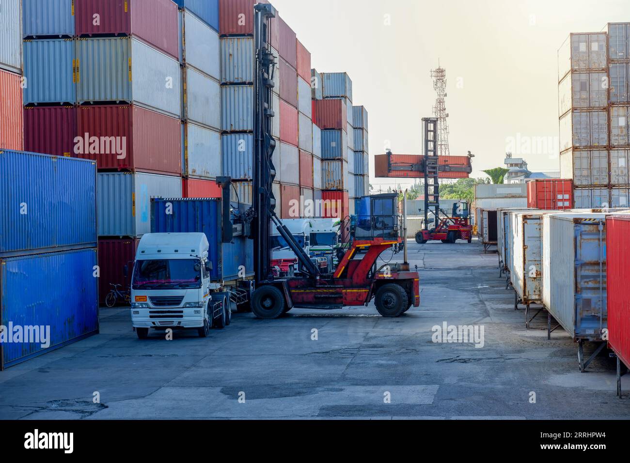 Container forklift In the container yard Stock Photo - Alamy