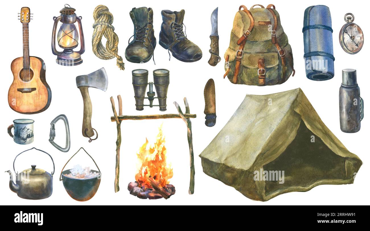 Watercolor hand drawn travel clipart, camper, tent, cups, backpack ...