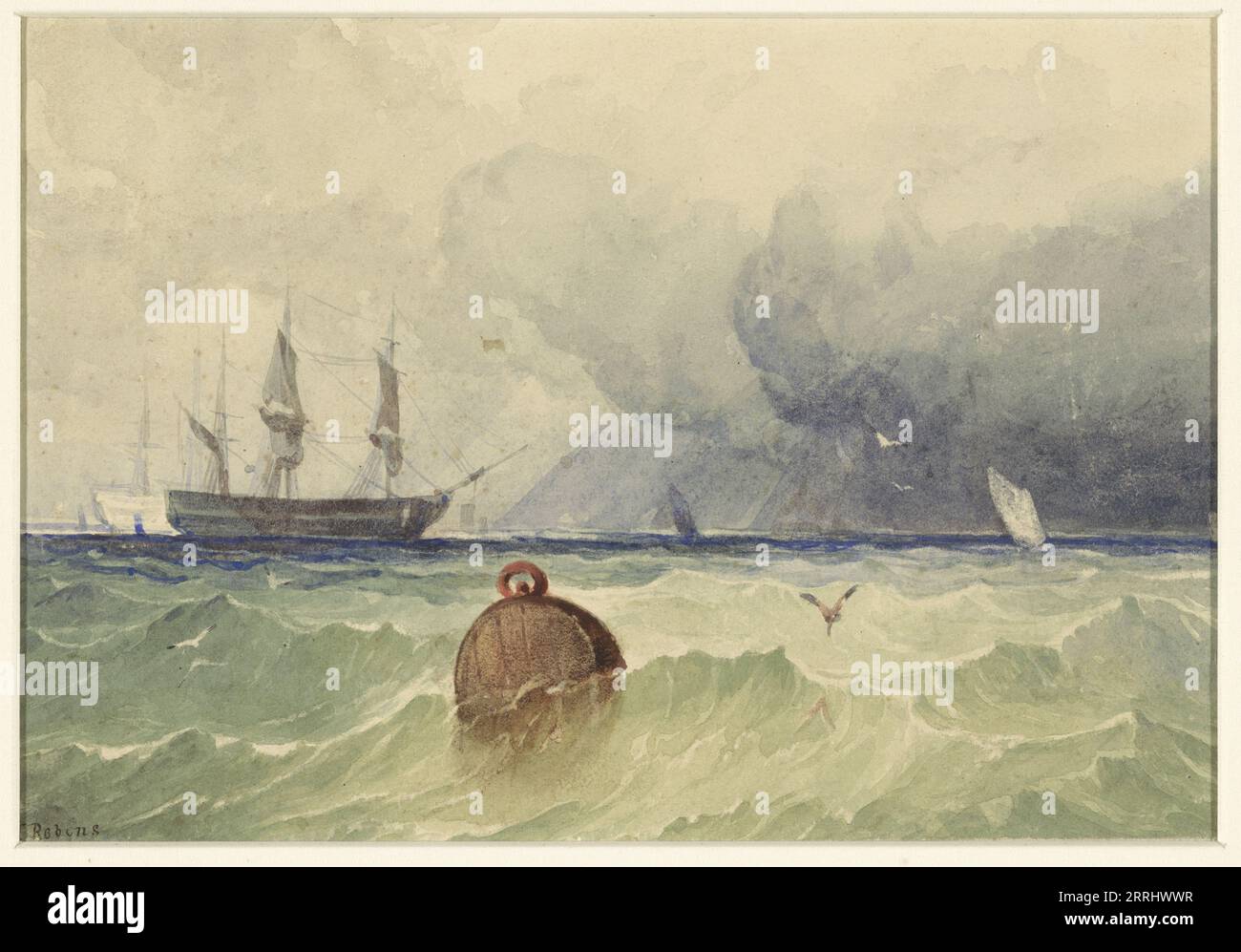 Three-masters at anchor with rough weather coming in, 1830-1880 Stock ...