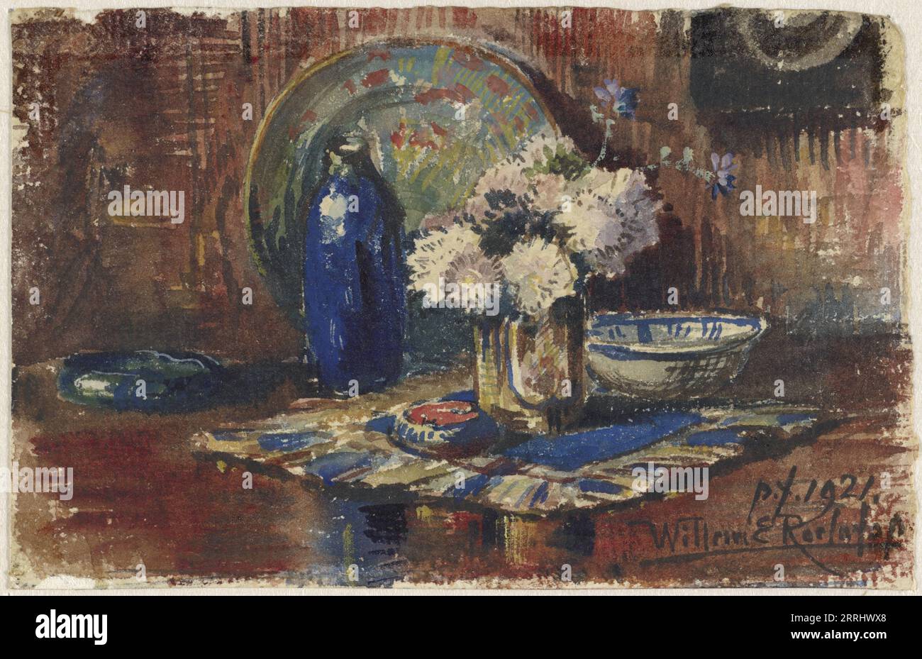 Still life with blue bottle and vase of flowers, 1921 Stock Photo - Alamy