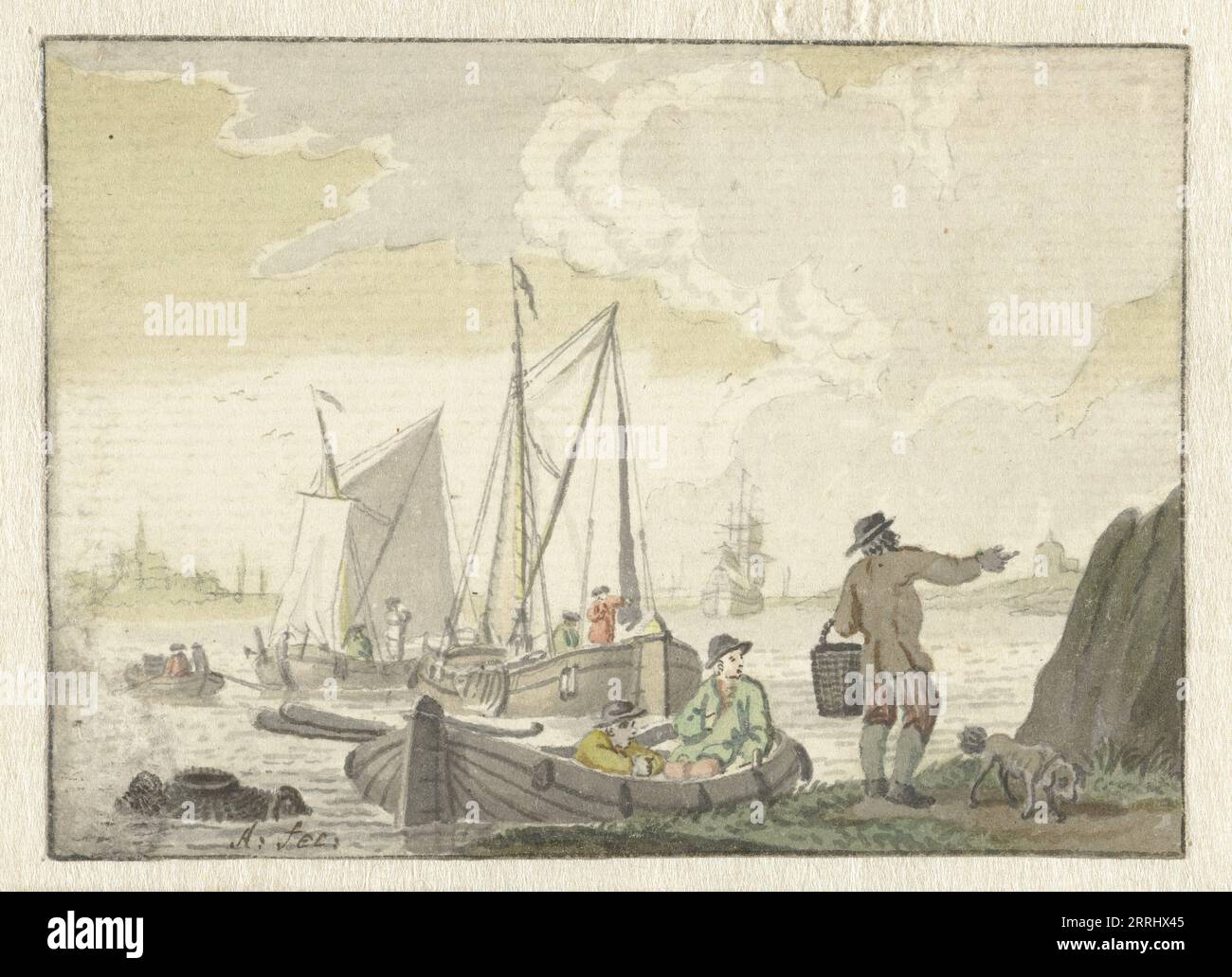 River view with ships, 1723-1760. In the foreground a rowing boat, old ...