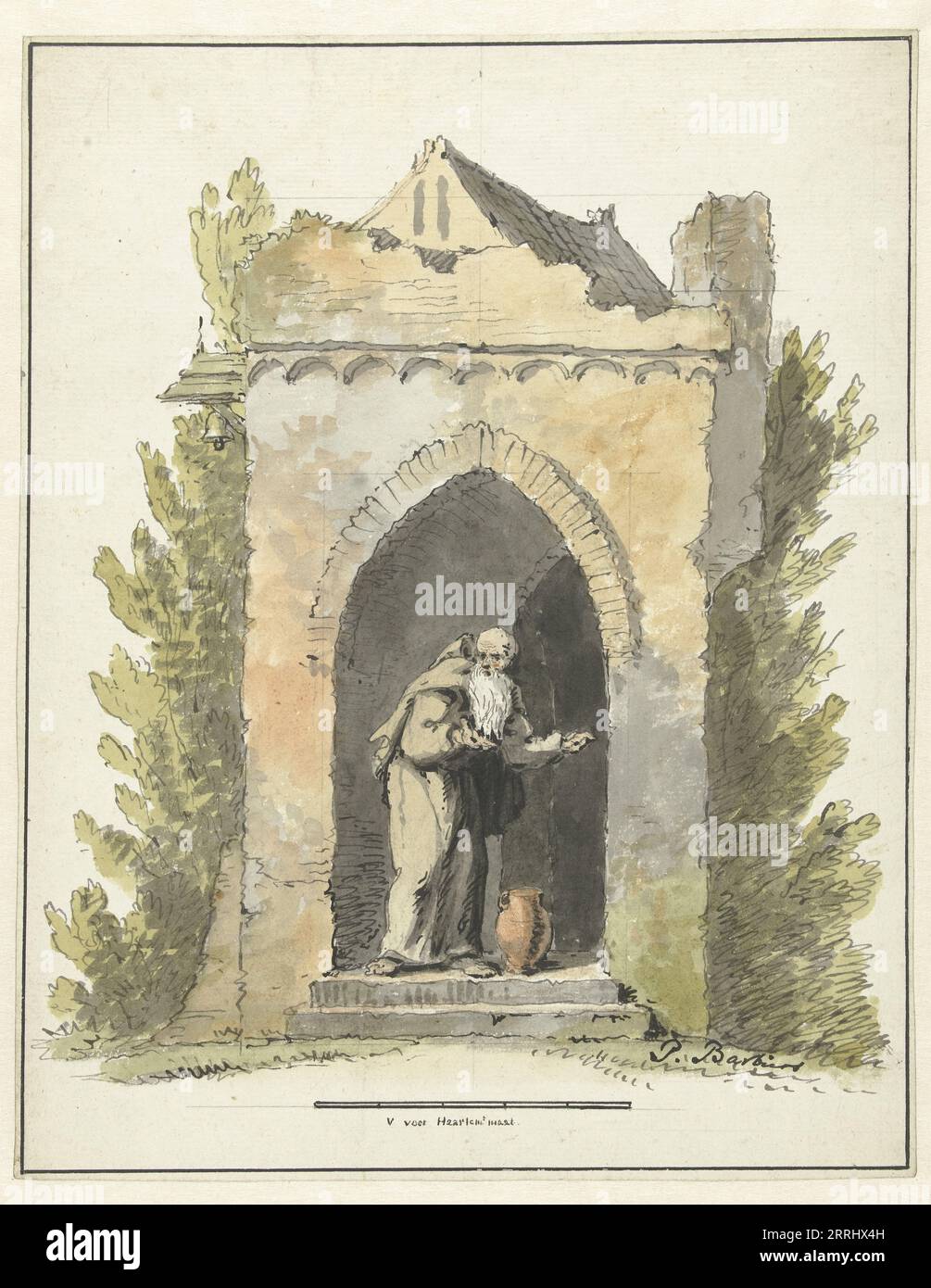 Hermit in front of a stone chapel, c.1782-c.1837. Design for a garden ...