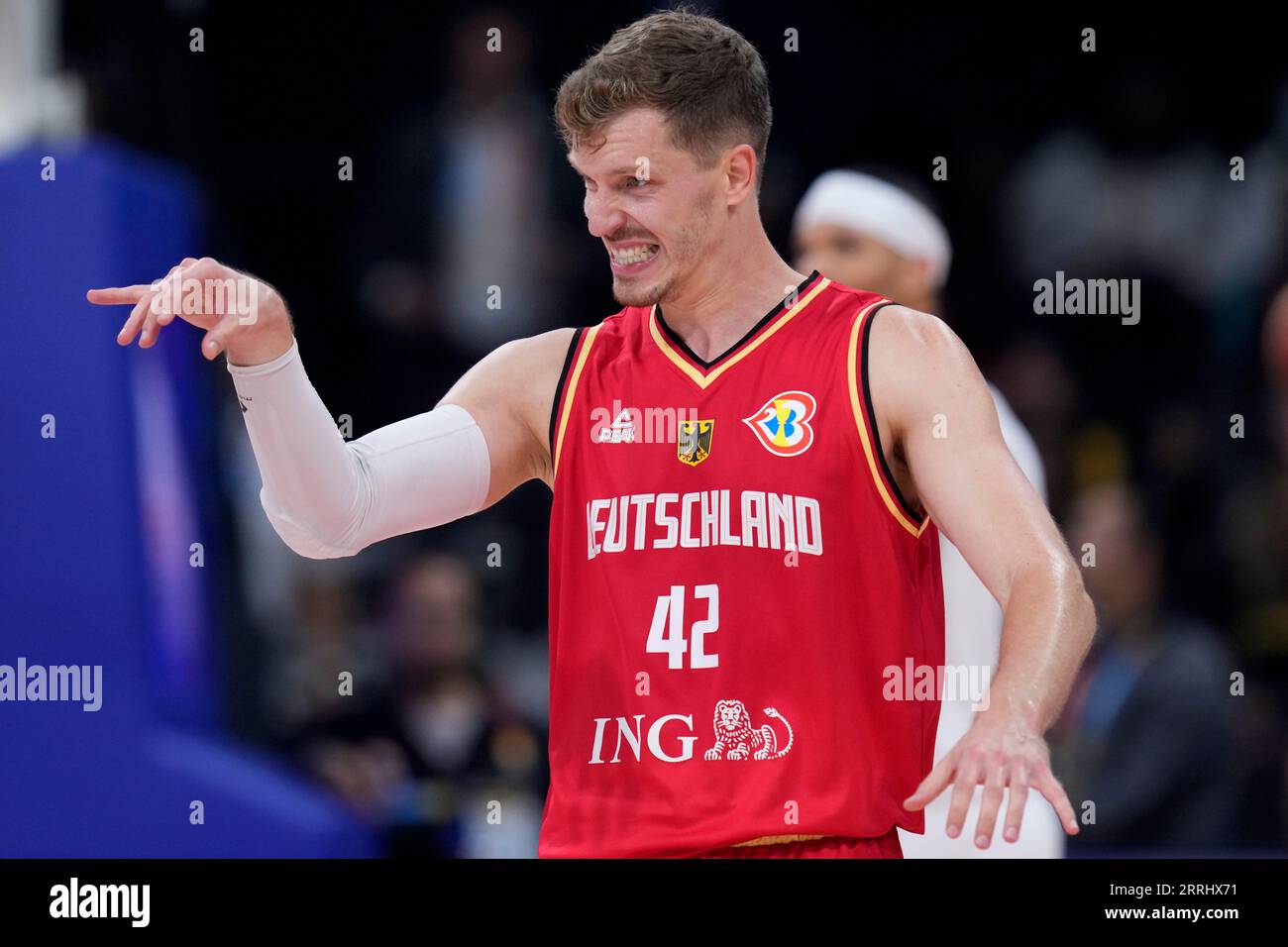 Germany guard Andreas Obst gesture at the end of the second quarter ...