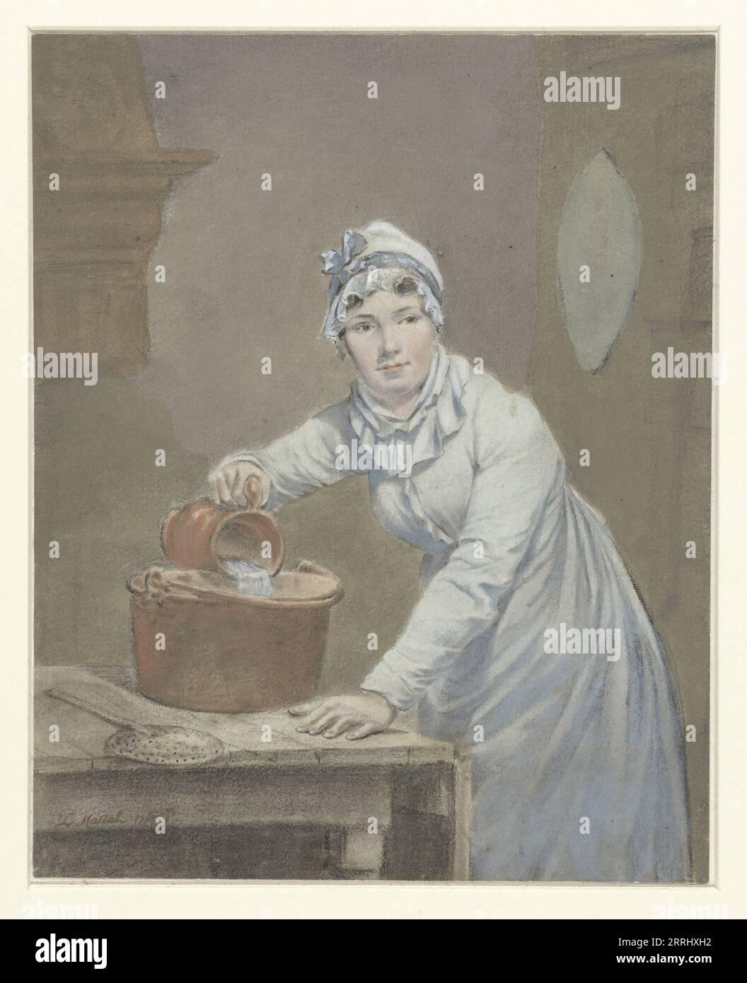 Maid pours milk into a saucepan, 1799. Woman in white pours milk from a ...