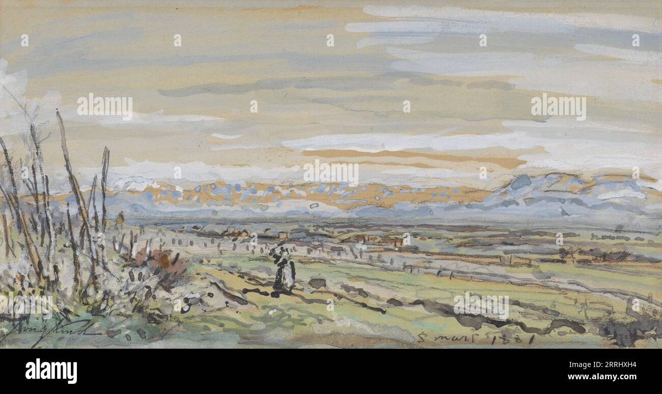 View of a flat landscape, 1881. Snowy mountain range in the distance at ...
