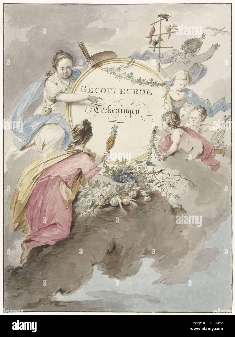 Title page for art book with coloured drawings, 1745-1808. Round ...