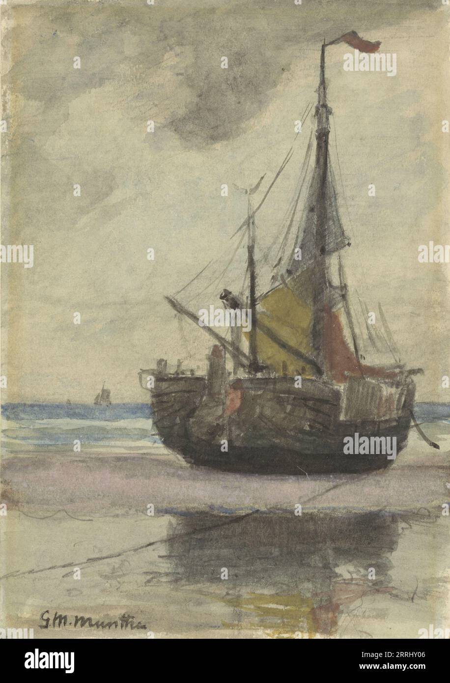 Fishing boat on the beach with reefed sail, 1885-1960 Stock Photo - Alamy