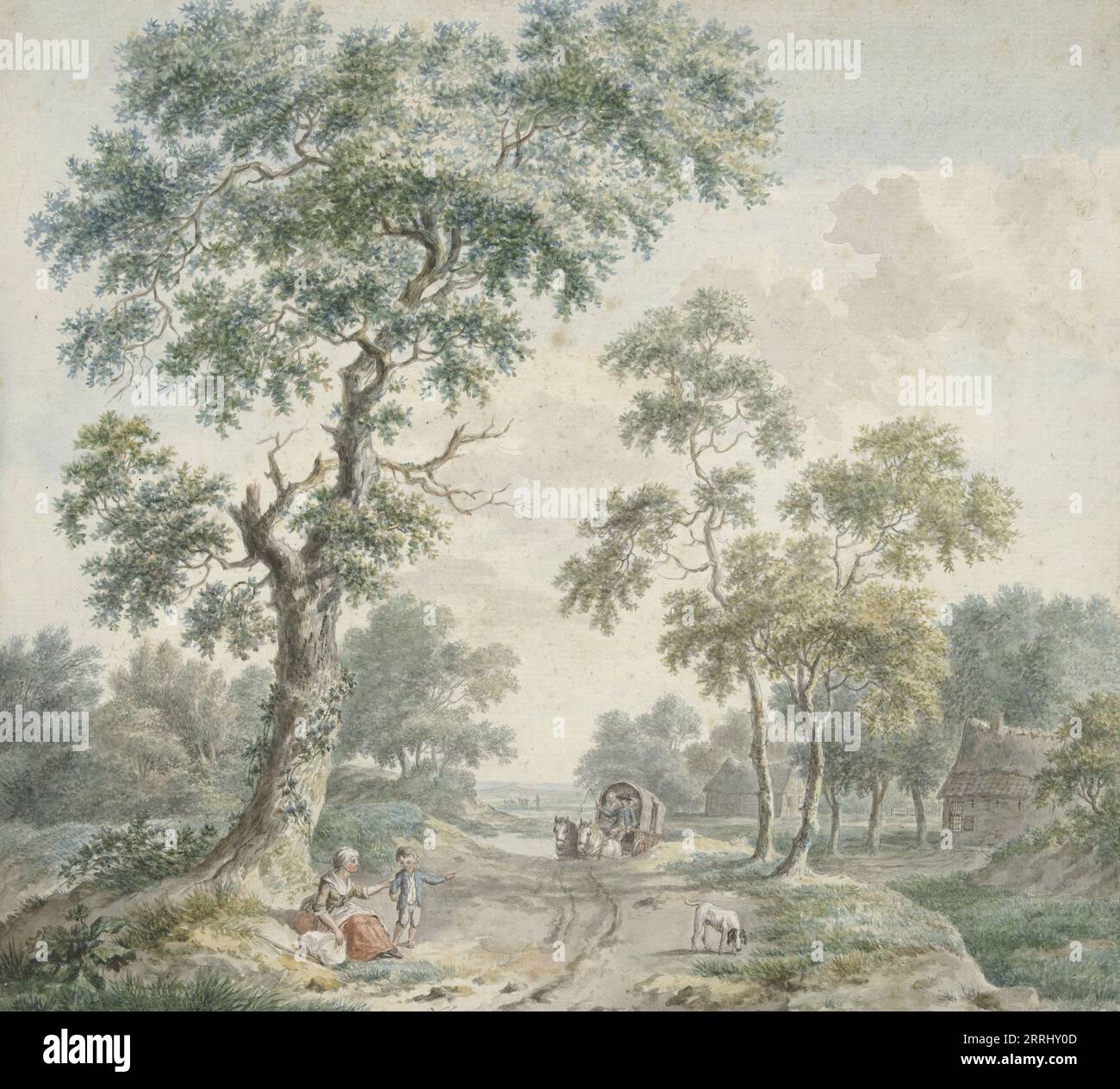Woods with figures by a road, covered wagon approaching, 1779. Mother ...